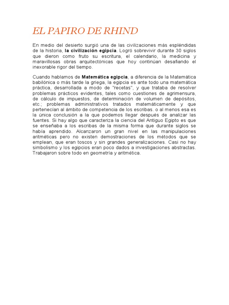 Papiro de Rhind: Matemáticas Egipcias | PDF | Enseñanza de matemática ...