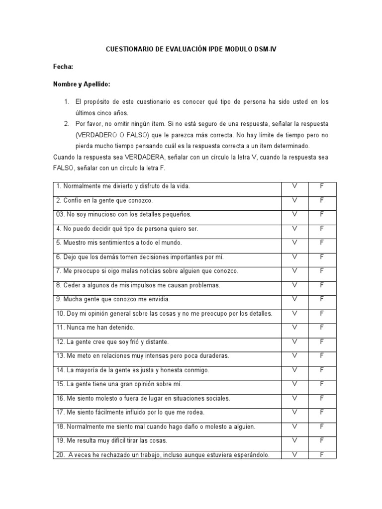 Prueba de Personalidad IPDE-1 | PDF | Sicología