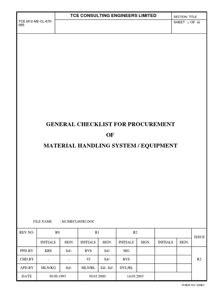 General Checklist For Procurement OF Material Handling System ...