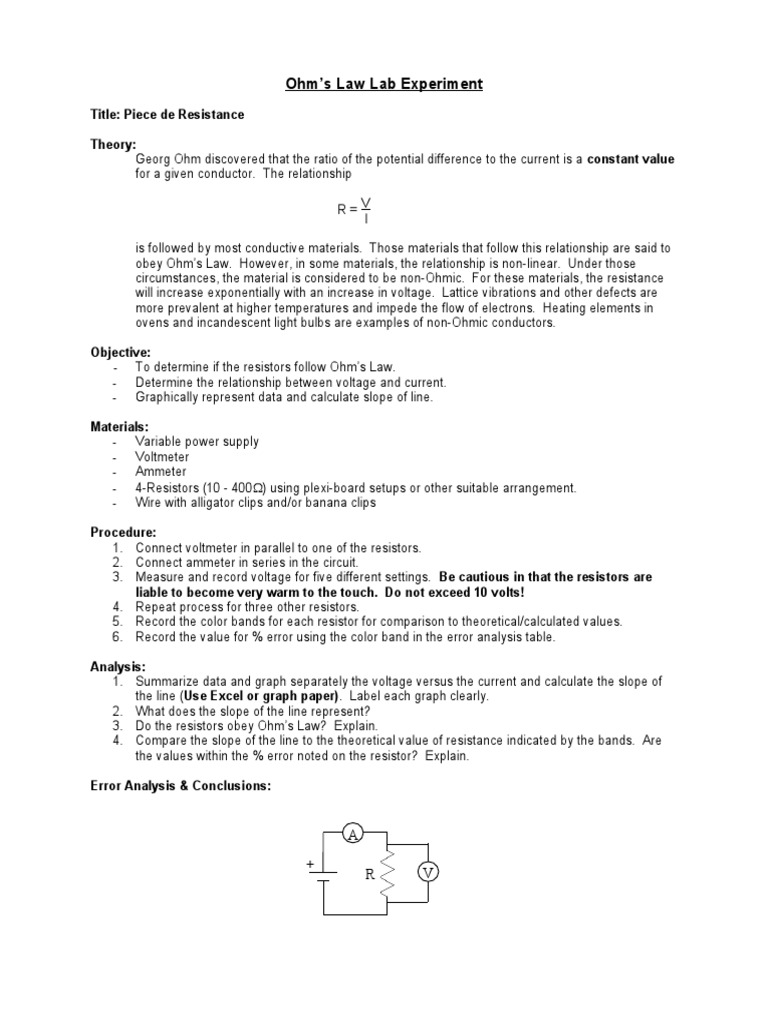 Ohm's Law Lab Experiment: Title: Piece de Resistance Theory | PDF ...