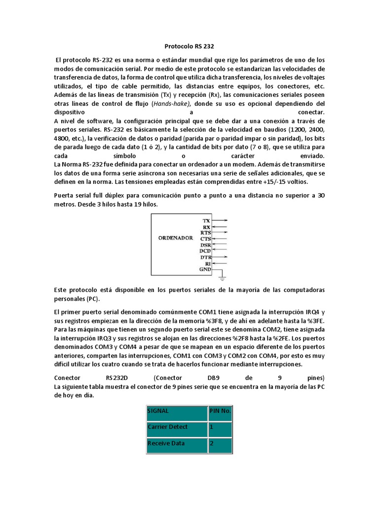 Protocolo RS 232 | PDF | Arquitectura de Computadores | Tecnología de información y comunicaciones