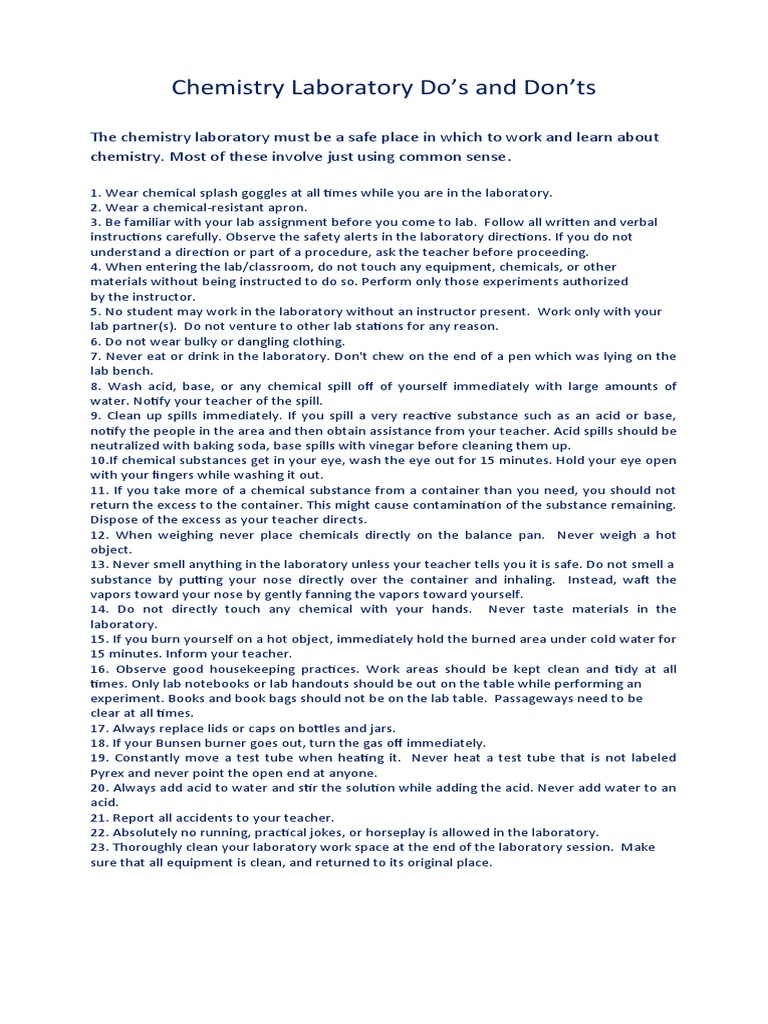 Chemistry Assignment Laboratory Rules. | PDF | Laboratories | Hazards