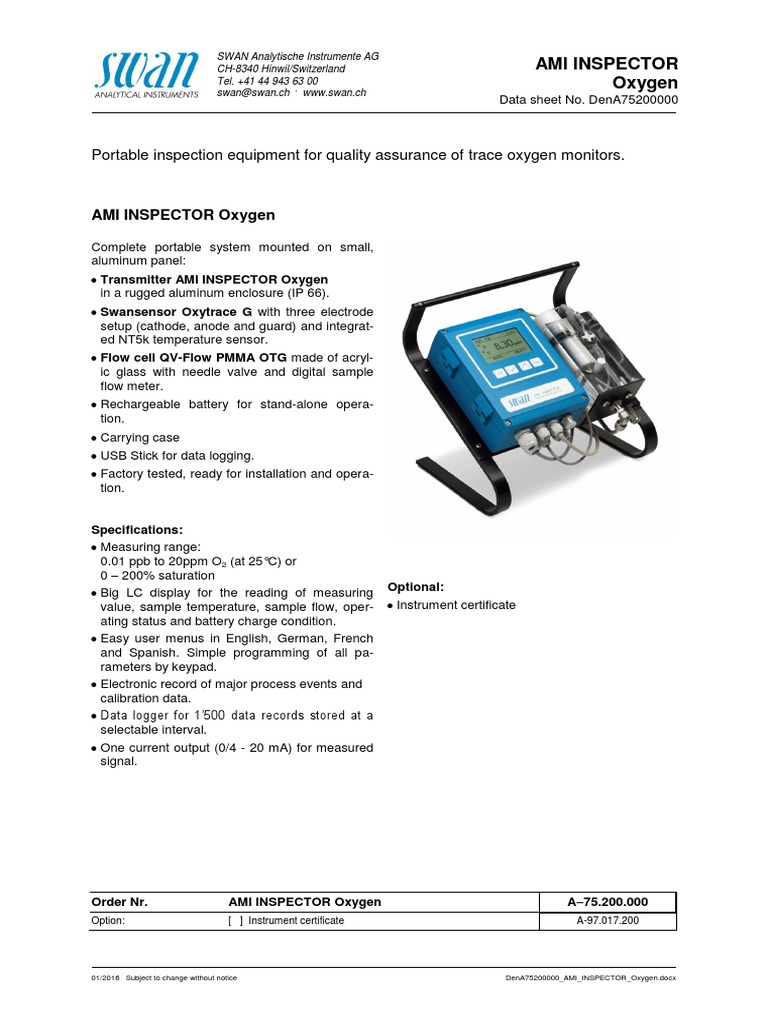 SWAN AMI Inspector Oxygen - Data Sheet | PDF | Vacuum Tube | Relay