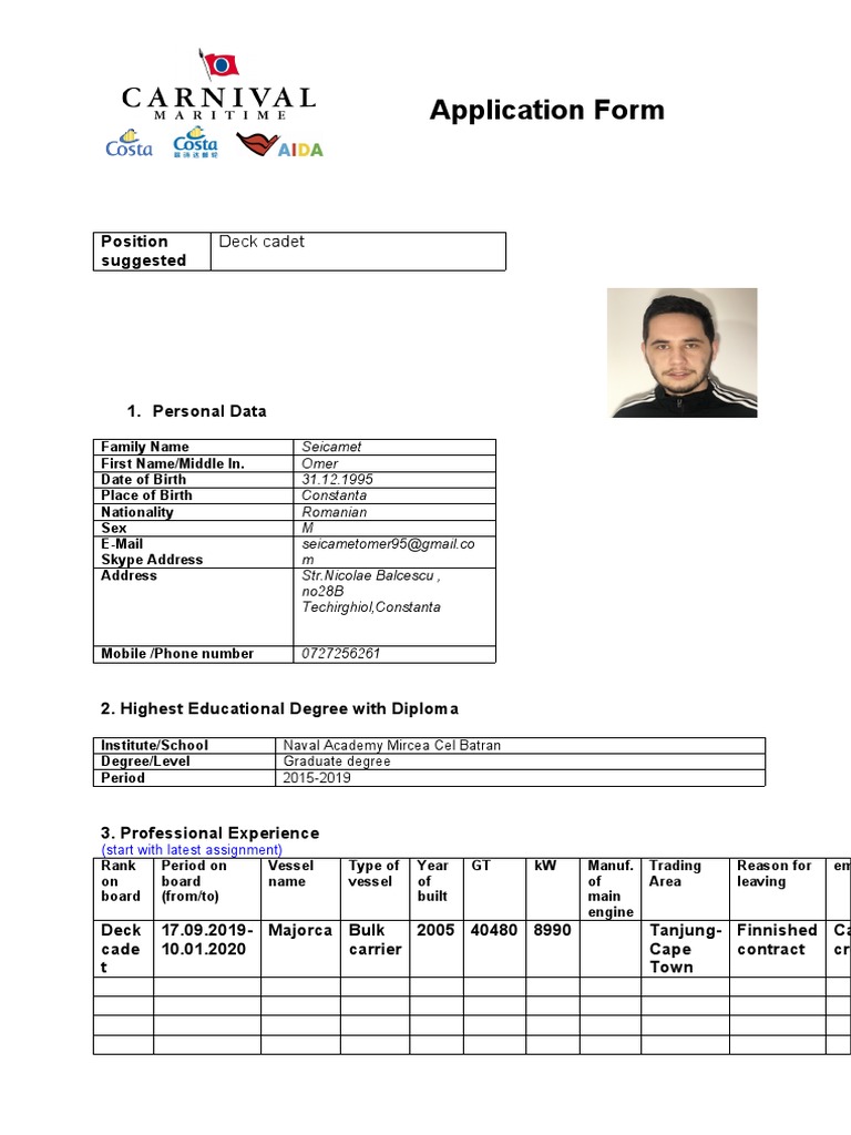Deck Cadet Application Form | PDF | Business