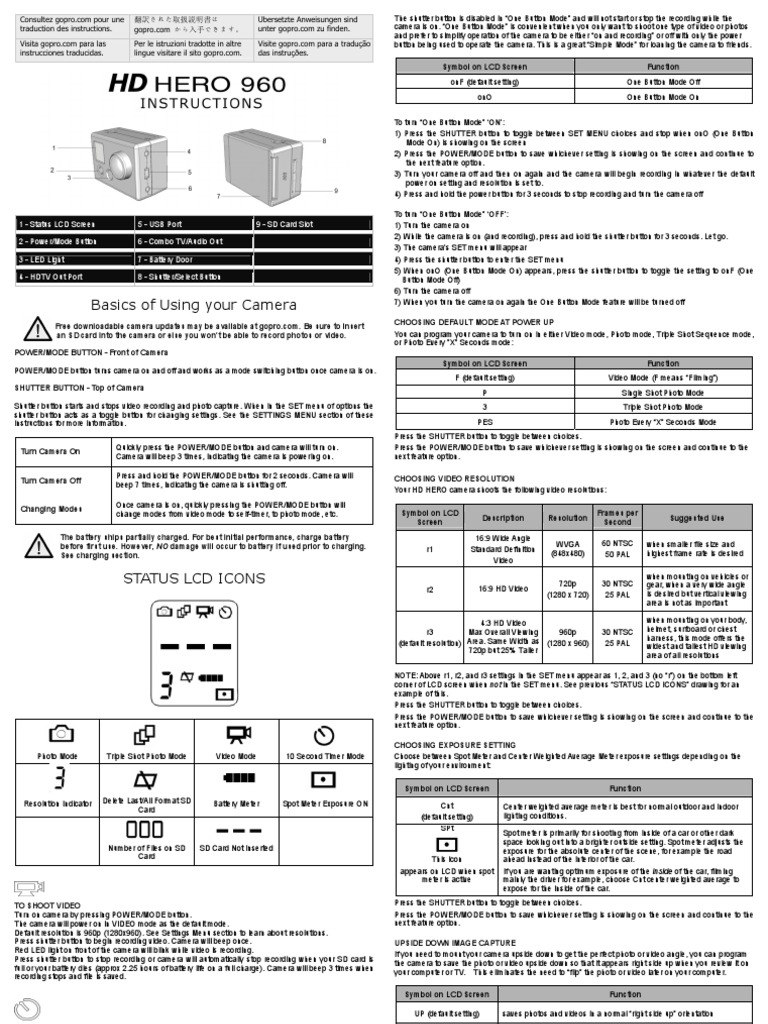 Gopro HD Hero 960 User Manual Instructions English | PDF | Camera ...