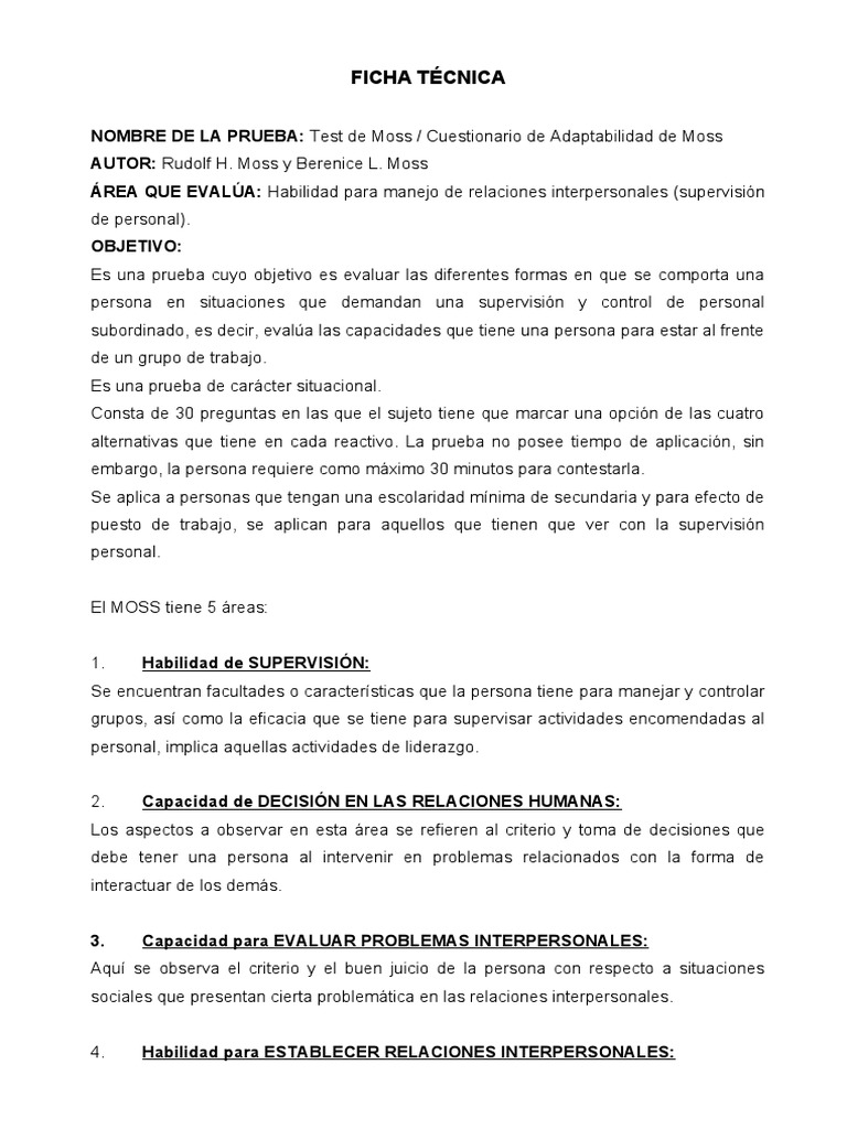 Test de Moss Ficha Técnica | PDF | Liderazgo | Toma de decisiones