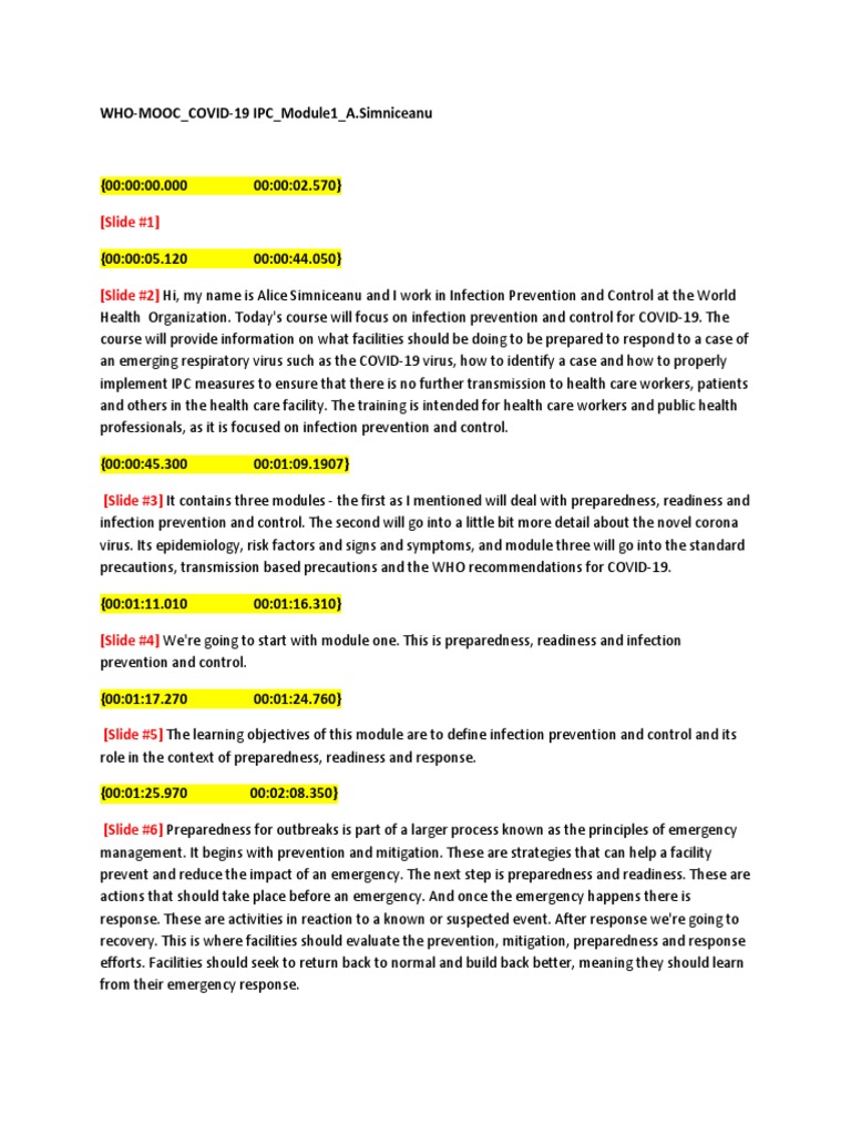 TRANSCRIPT WHO-MOOC COVID-19 IPC Module1 A.Simniceanu | PDF | Infection Control | Infection