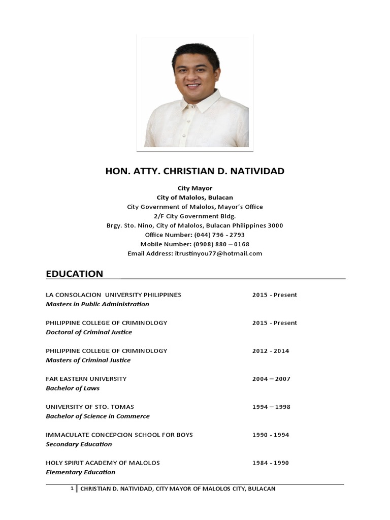 Resume of Mayor Christian D. Natividad | PDF | Philippines | Government