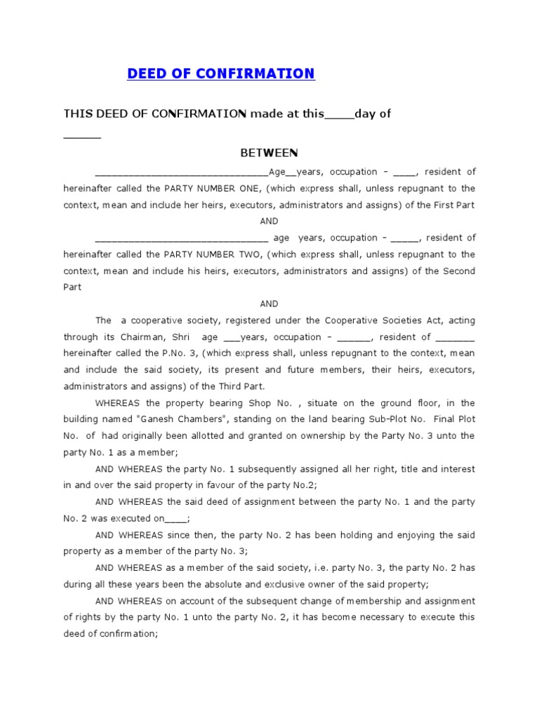 THIS DEED OF CONFIRMATION Made at This - Day of - Between | PDF | Deed ...