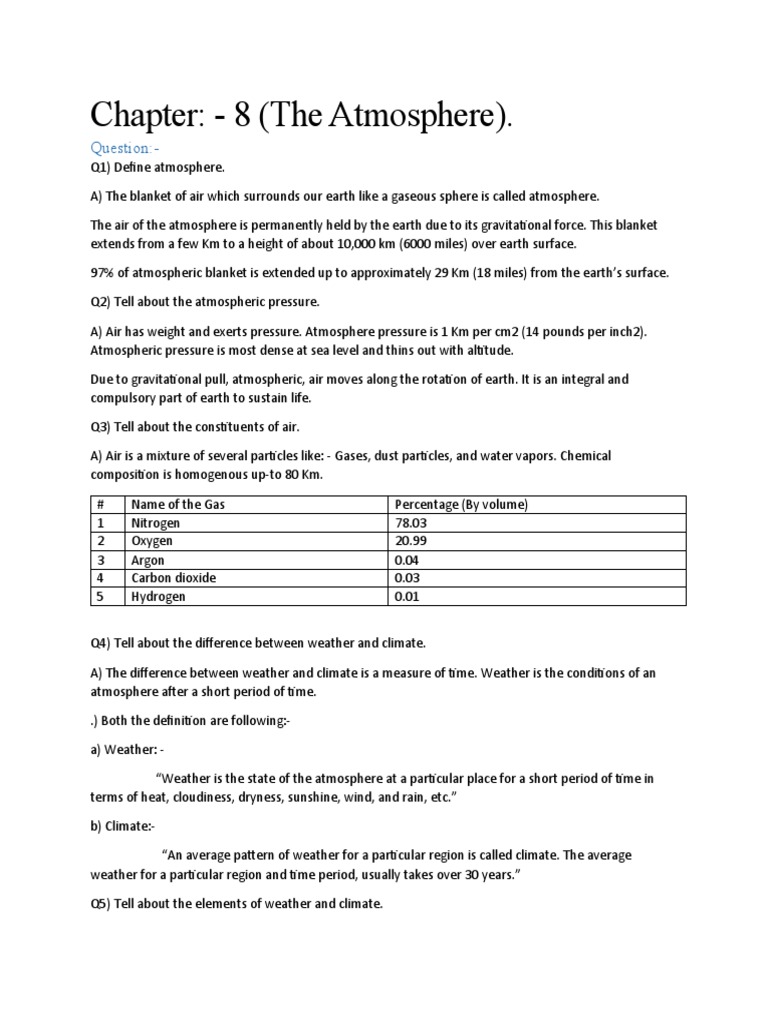 Chapter: - 8 (The Atmosphere) .: Question | PDF | Atmosphere Of Earth | Fog
