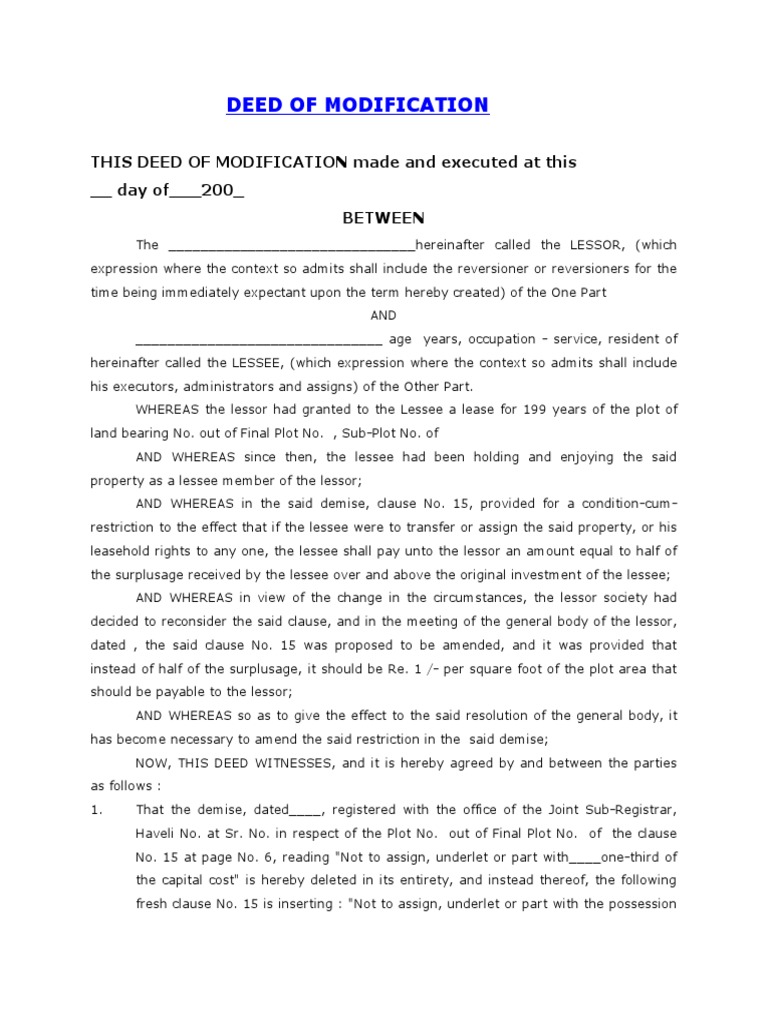 Deed of Modification: THIS DEED OF MODIFICATION Made and Executed at ...