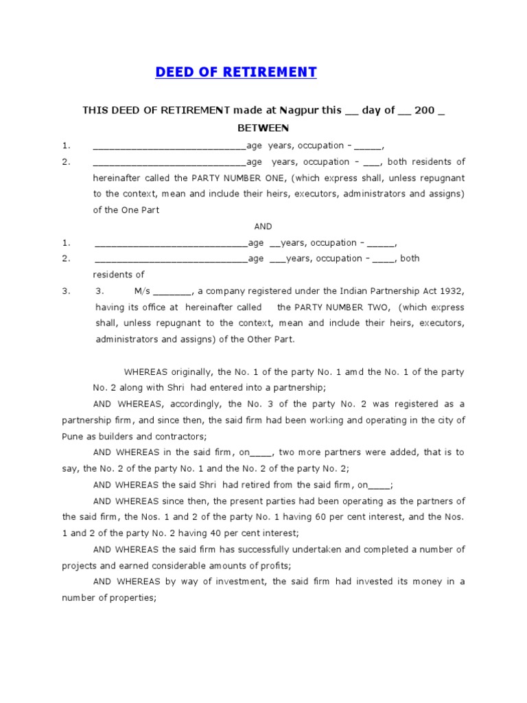 THIS DEED OF RETIREMENT Made at Nagpur This - Day of - 200 - Between ...