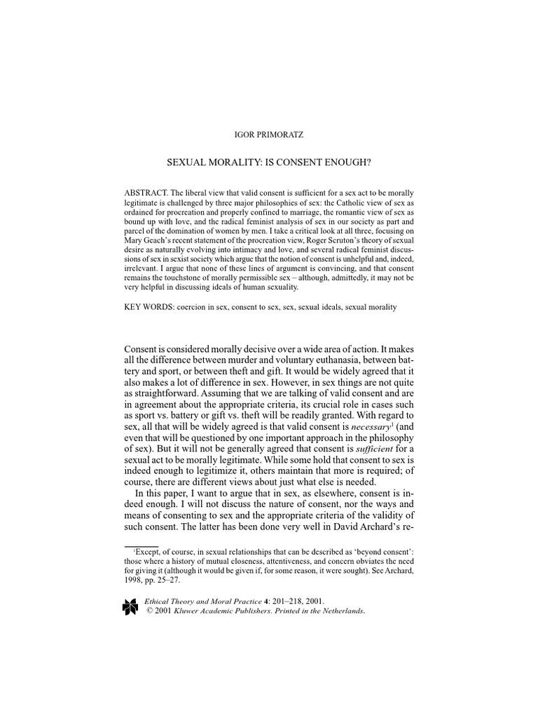 Primoratz, Sexual Morality | PDF | Consent | Human Sexual Activity