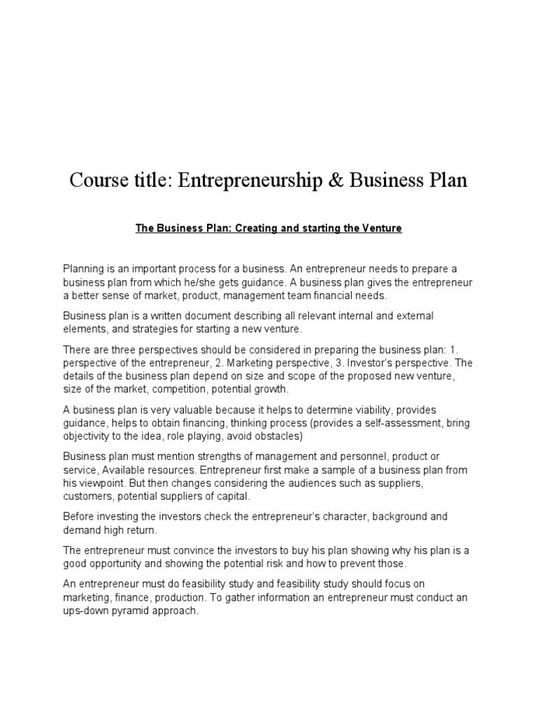 Course Title: Entrepreneurship & Business Plan: The Business Plan ...