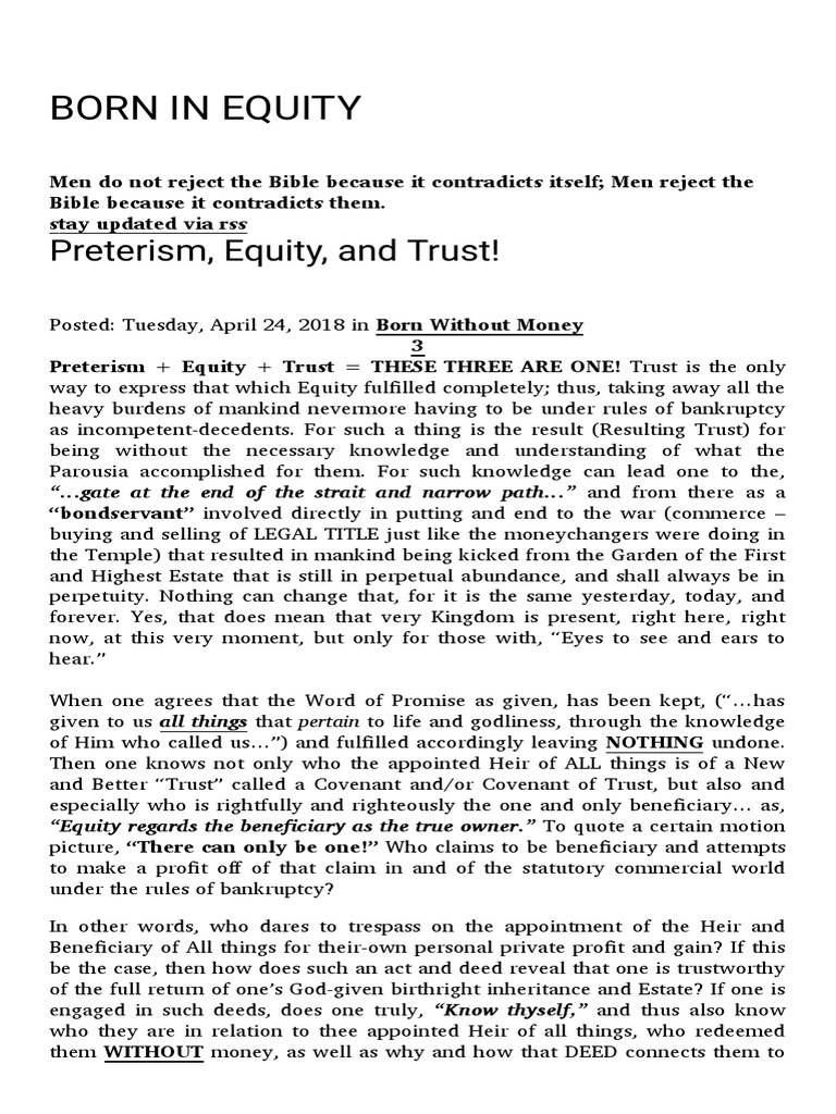 Preterism Equity and Trust! BORN IN EQUITY | PDF | Equity (Law ...