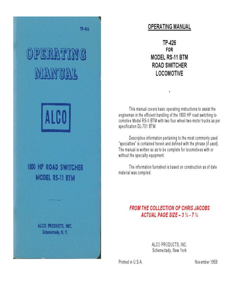 Operating Manual TP-426 Model Rs-11 BTM Road Switcher Locomotive | PDF ...