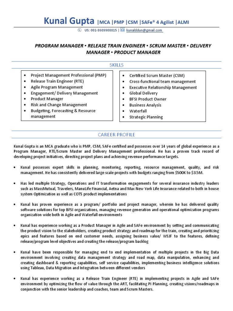 Kunal - Gupta - Resume - Program Management | PDF | Scrum (Software ...