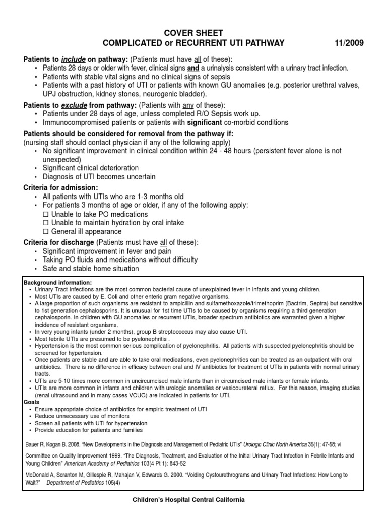 Cover Sheet Complicated or Recurrent Uti Pathway 11/2009: Background ...