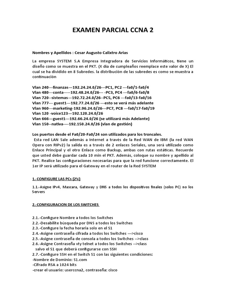 Examen Parcial Ccna 2-1-1 | PDF | Dirección IP | Enrutador (Computación)