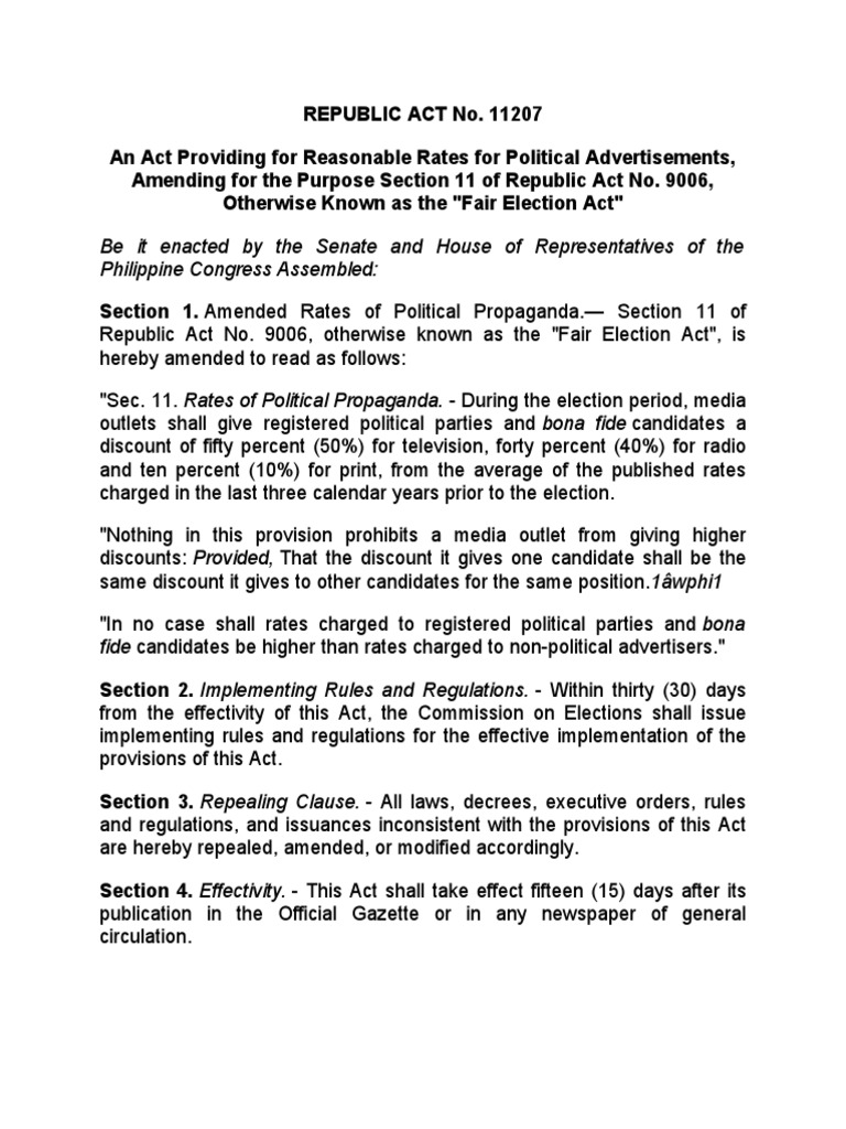 RA 11207 - Amended Section 11 of RA 9006 (Fair Election Act) | PDF