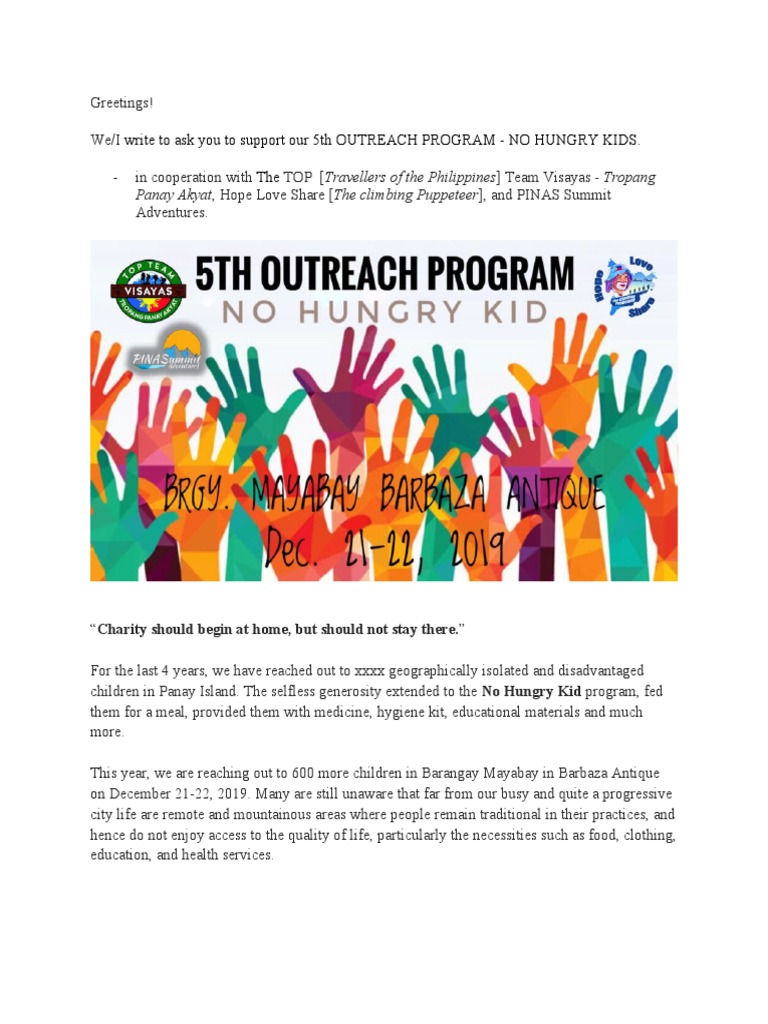 Write To Ask You To Support Our 5th OUTREACH PROGRAM - NO HUNGRY KIDS ...