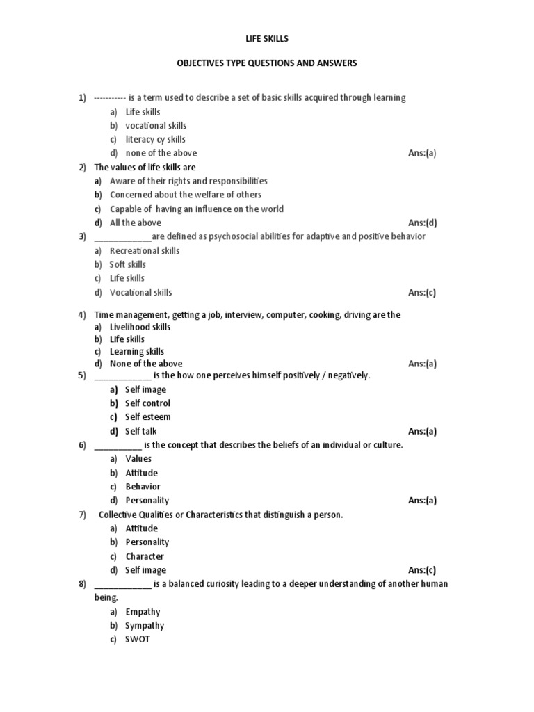 Life Skills Objectives Type Questions and Answers | PDF | Thought ...