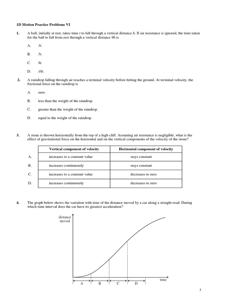 1D Motion Practice Problems and Solutions | PDF | Velocity | Acceleration
