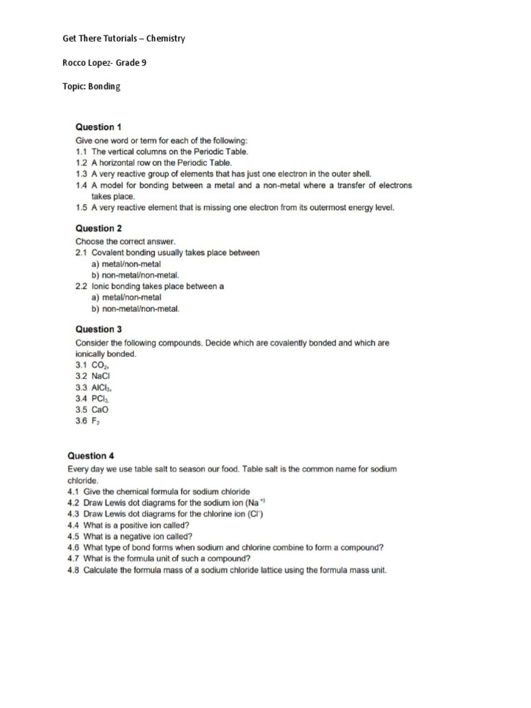 Get There Tutorials - Chemistry Rocco Lopez-Grade 9 Topic: Bonding | PDF