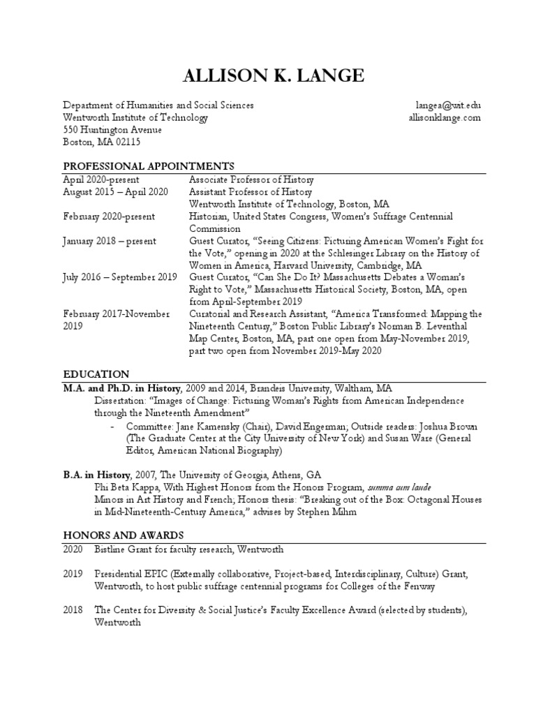 Allison Lange CV June 2020 | PDF | Women's Suffrage | Curator