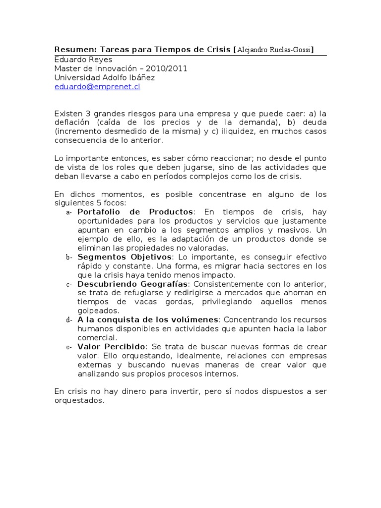 Resumen - Tareas para Tiempos de Crisis - Alejandro Ruelas-Gossi | PDF