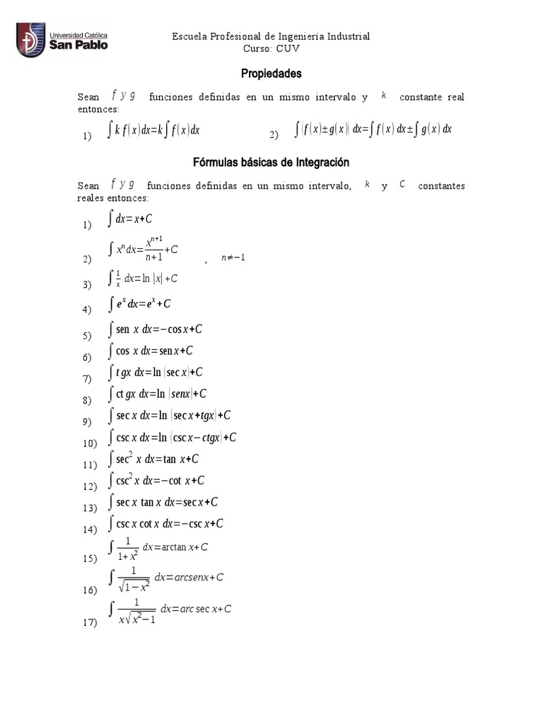 Formulario de Integrales | PDF