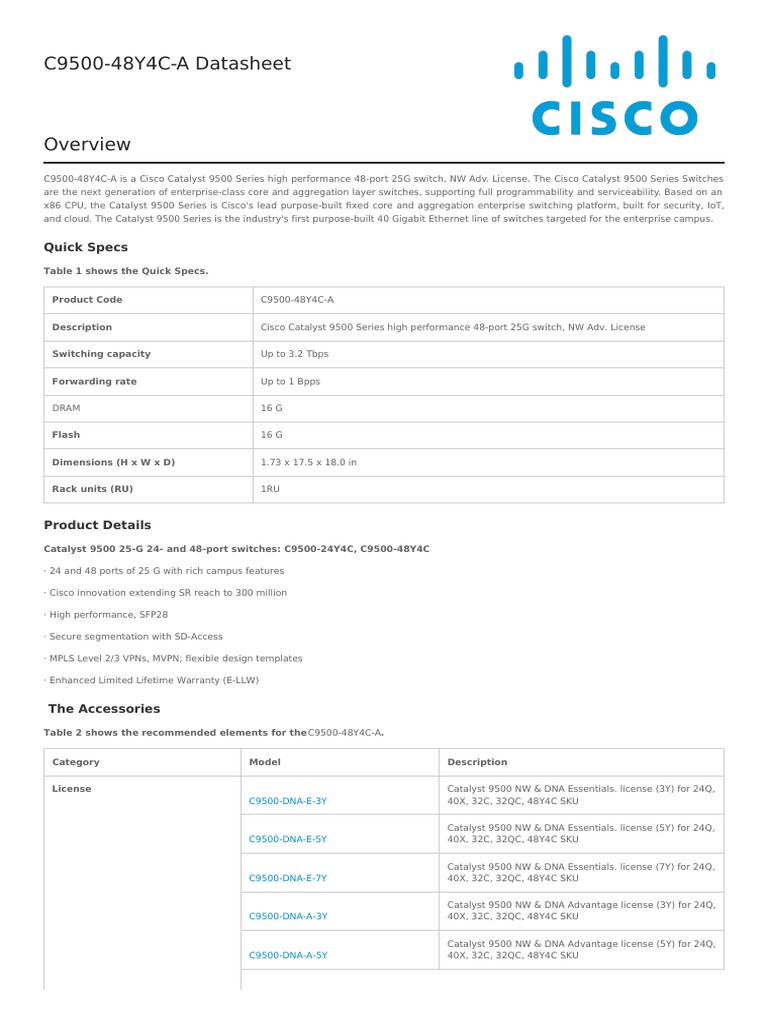 C9500-48Y4C-A Datasheet: Quick Specs | PDF | Computer Engineering ...