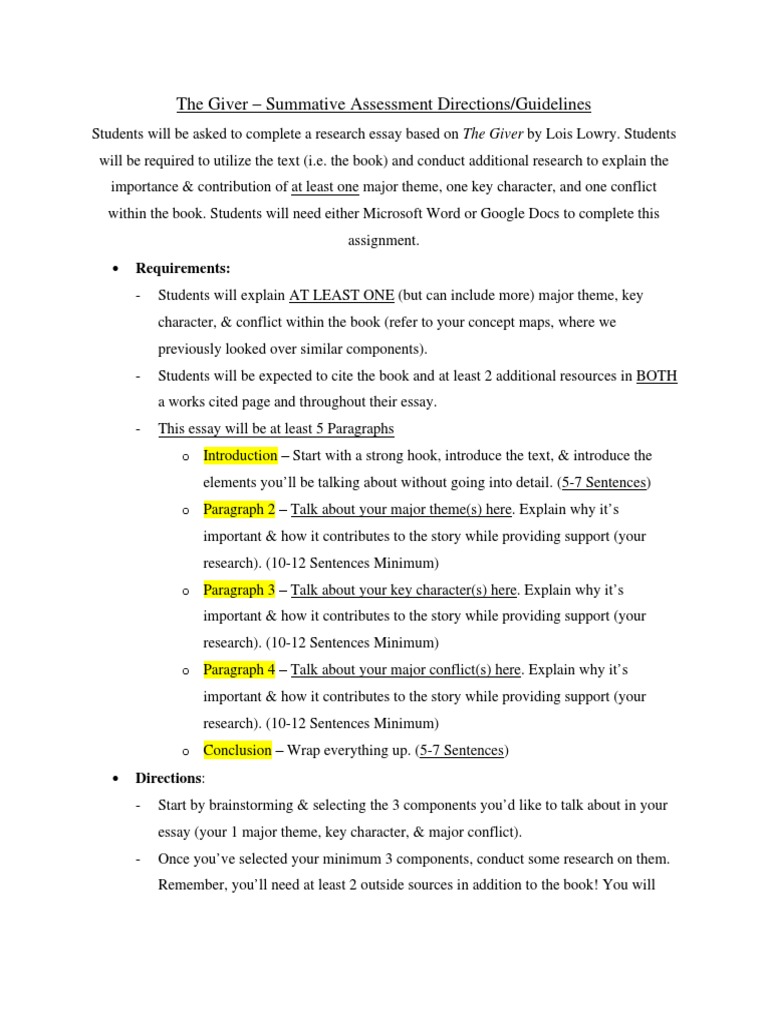 The Giver Directions - Guidelines | PDF | Essays | The Giver
