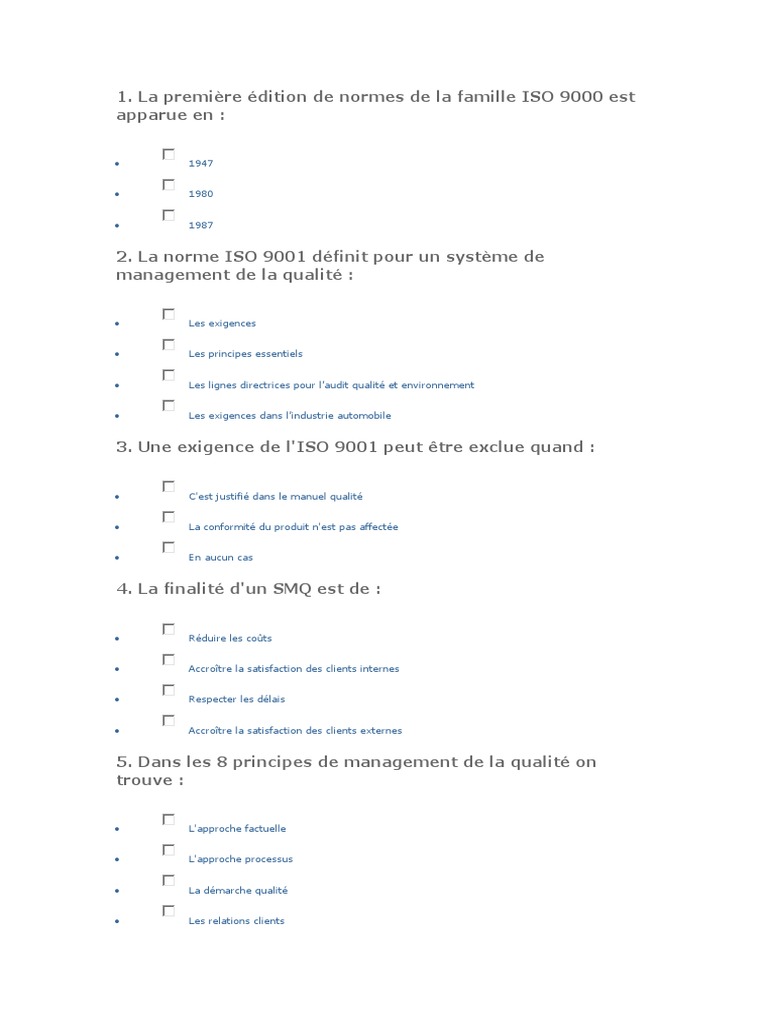 QCM Management Qualité ISO 9001 | PDF | Management de la qualité ...