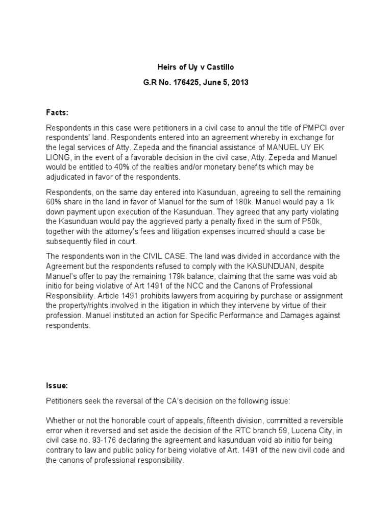 Case Digest - Heirs of Uy vs. Castillo | PDF | Lawsuit | Damages