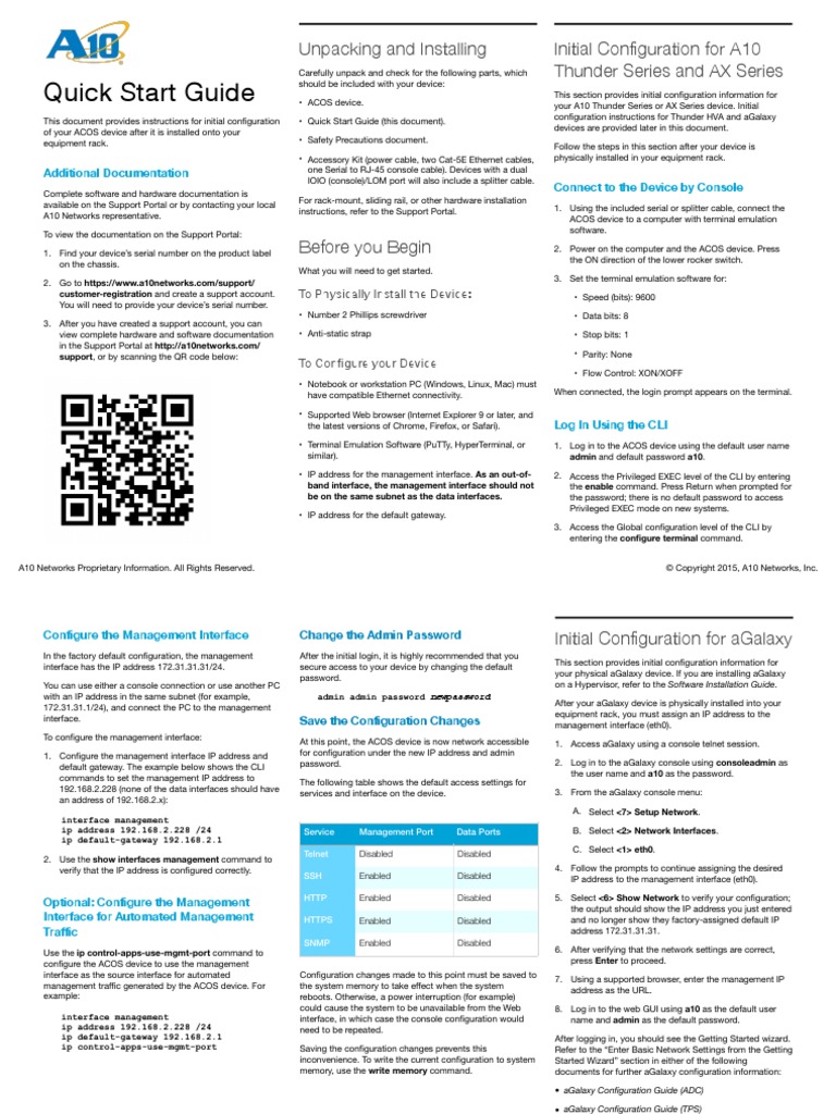 Quick Start Guide: Unpacking and Installing Initial Configuration For A10 Thunder Series and AX ...