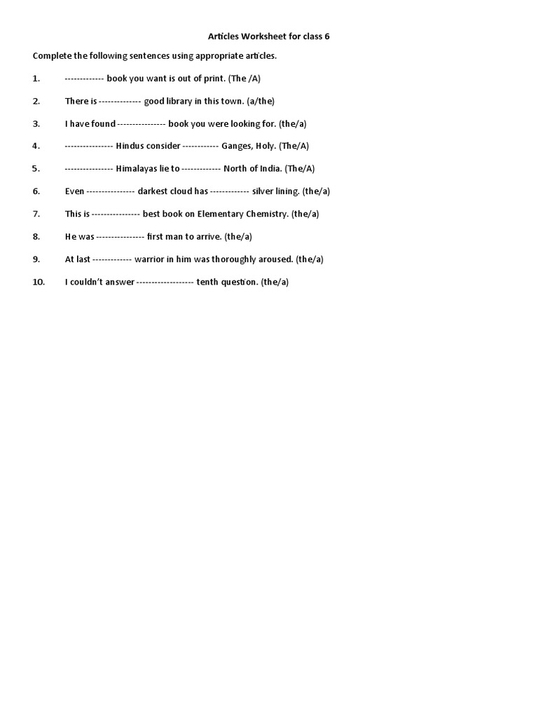 Articles Worksheet For Class 6 | PDF