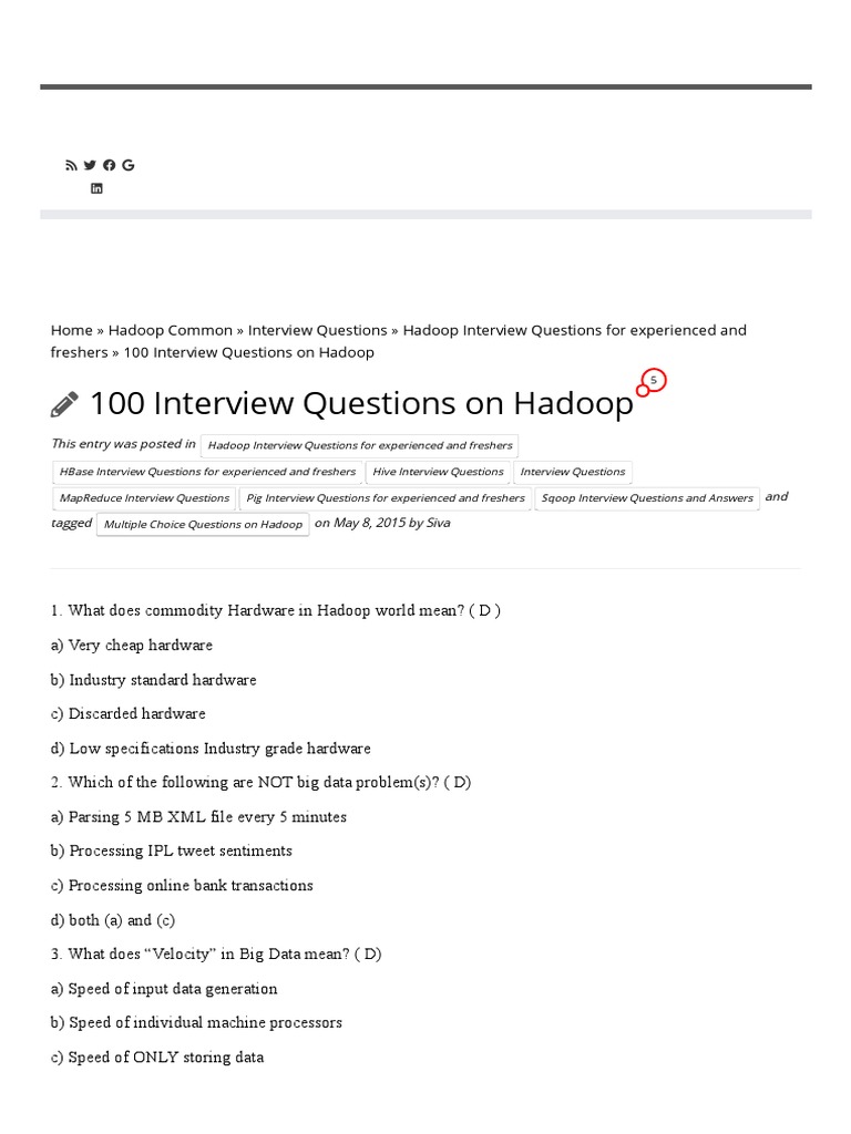 100 Interview Questions On Hadoop - Hadoop Online Tutorials | Download Free PDF | Apache Hadoop ...