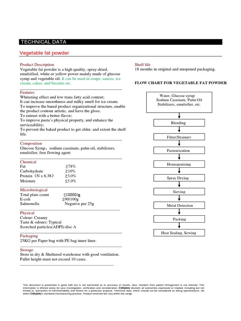 TDS - Vegetable Fat Powder PDF | PDF | Vegetables | Cream