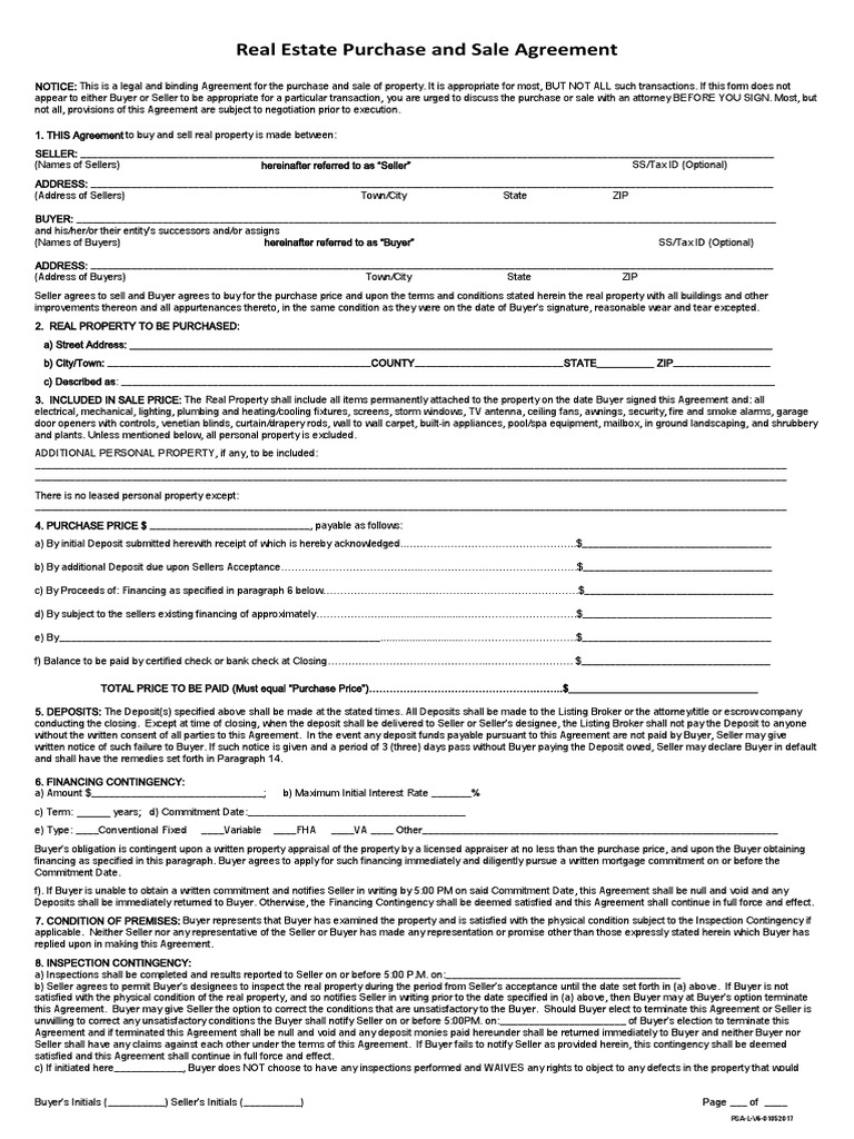 Real Estate Purchase and Sale Agreement: PSA-L-V6-01052017 | PDF | Real ...