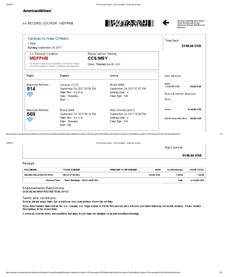 American Airlines Flight Receipt | PDF | Receipt | Aviation