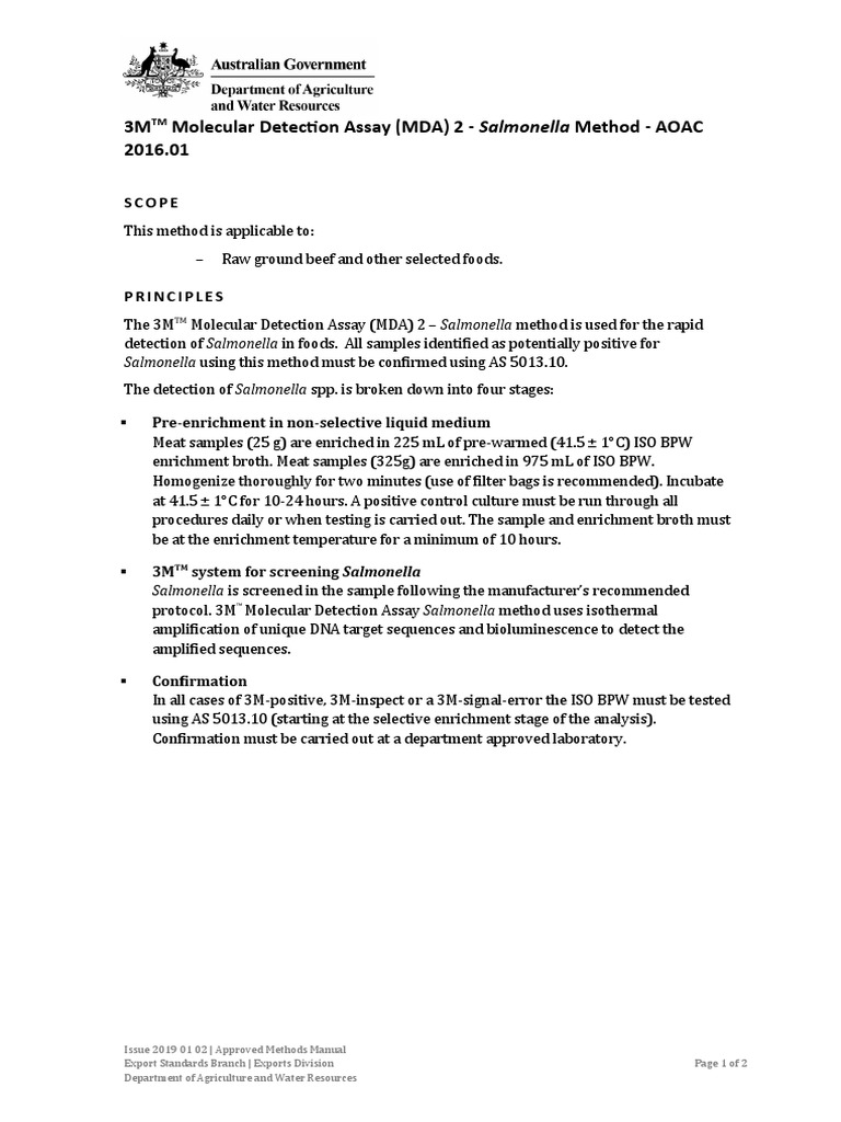 3M Molecular Detection Assay (MDA) 2 - Salmonella Method - AOAC 2016.01 | PDF | Polymerase Chain ...