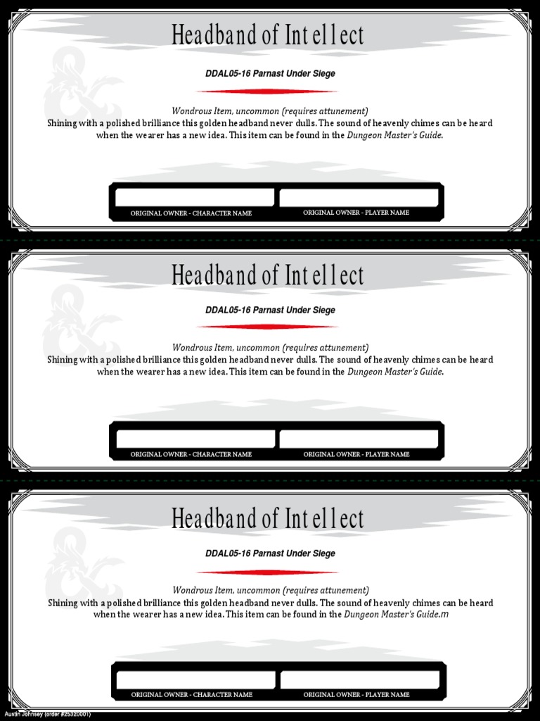 Headband of Intellect: Wondrous Item, Uncommon (Requires Attunement ...