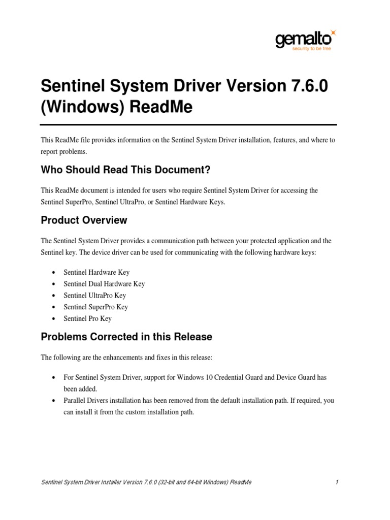 Sentinel System Driver 7.6.0 ReadMe PDF | PDF | Device Driver ...