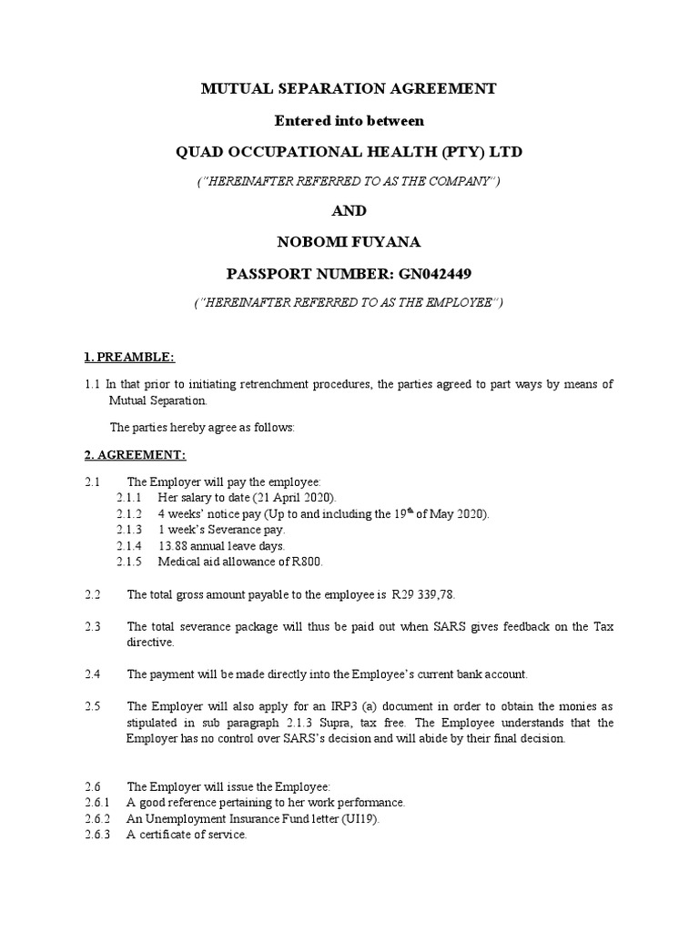Mutual Separation Agreement Entered Into Between Quad Occupational ...