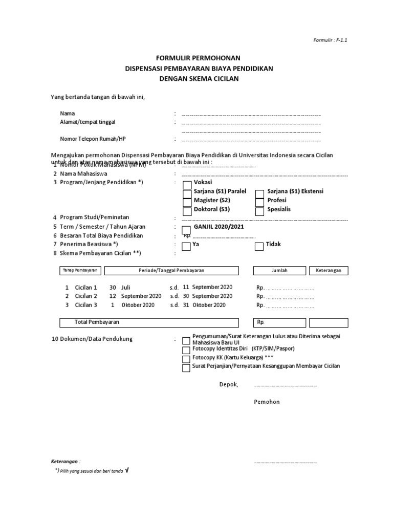 Form Cicilan BOP 2020-2021 - Mahasiswa Lama | PDF
