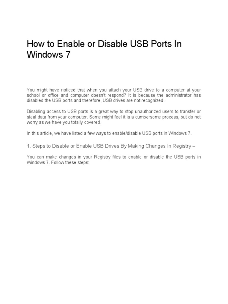 Enable/Disable USB Ports in Windows 7 | PDF