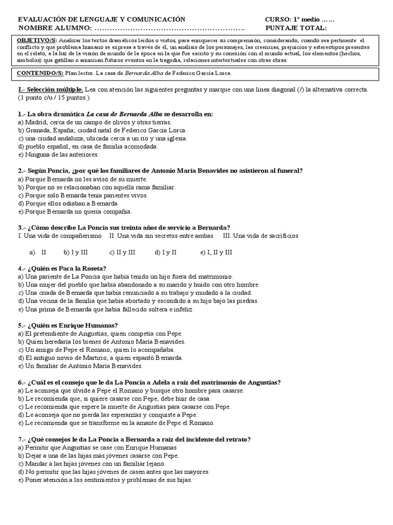 Examen sobre "La Casa de Bernarda Alba" | PDF | Federico García Lorca
