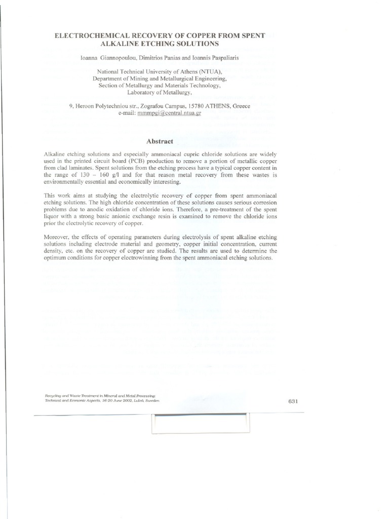 Electrochemical Recovery of Copper From Spent | PDF | Anode | Cathode