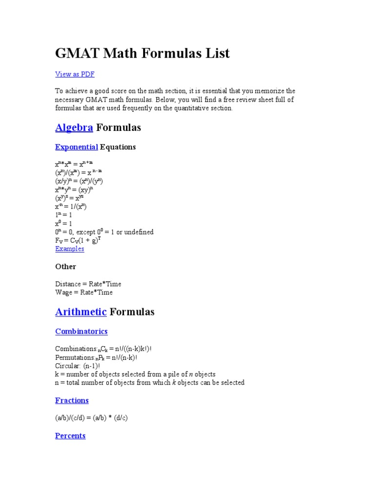GMAT Math Formulas List | PDF | Area | Rectangle